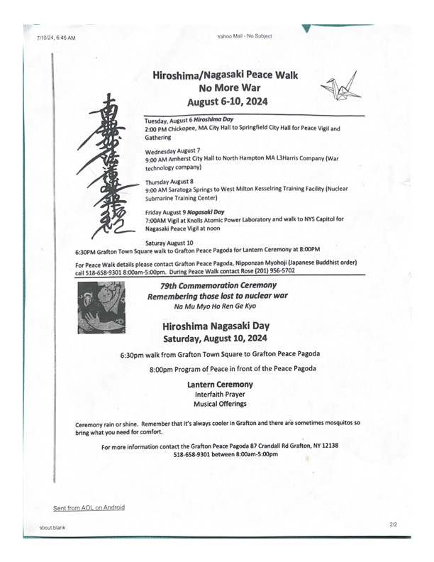 Hiroshima/Nagasaki Peace Walk | The New England Peace Pagoda